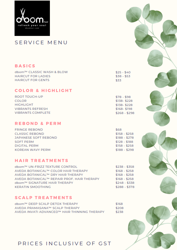 Dbom Hair Service Menu - Dbom Hair Salon Price List